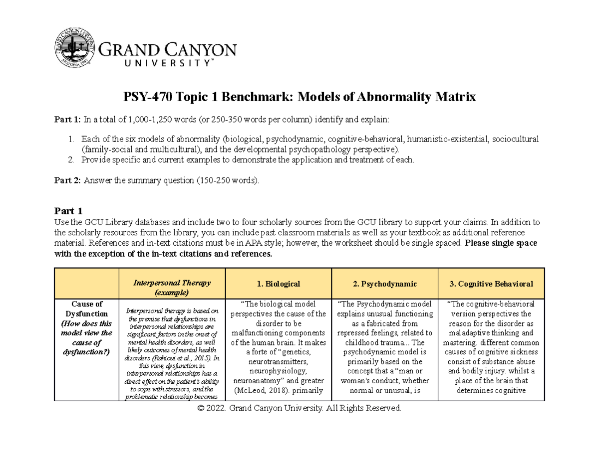 PSY-470-RS-T1-Modelsof Abnormality Matrix Assignment - PSY-470 Topic 1 ...