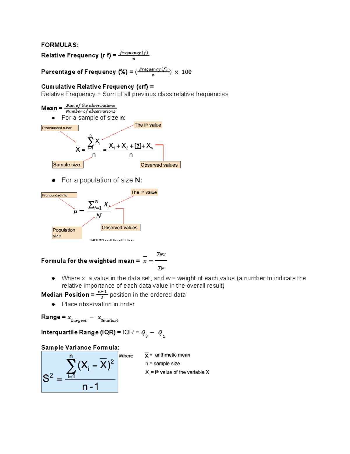 QMS 210 - Statistics Formulas and Key Concepts Notes - Studocu