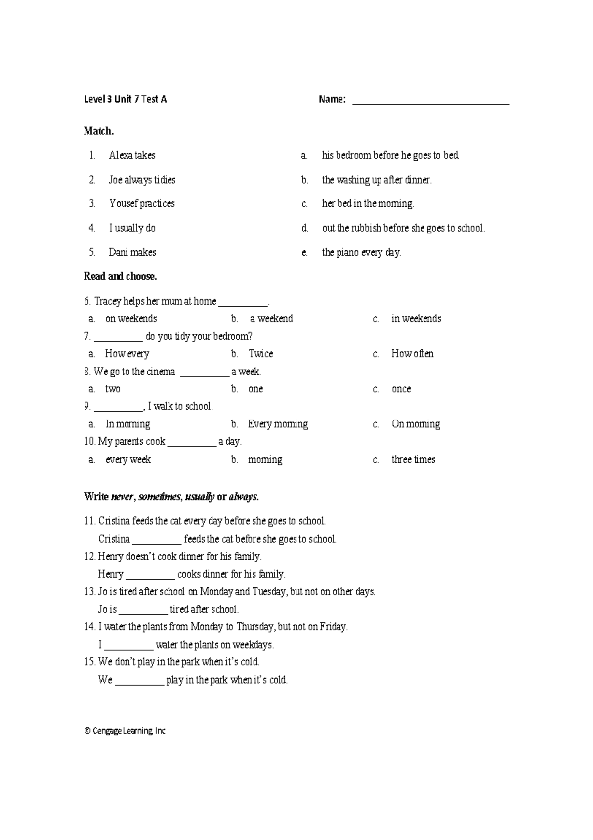 Level 3 Unit 7 Test A: Match and Choose Activities - Studocu