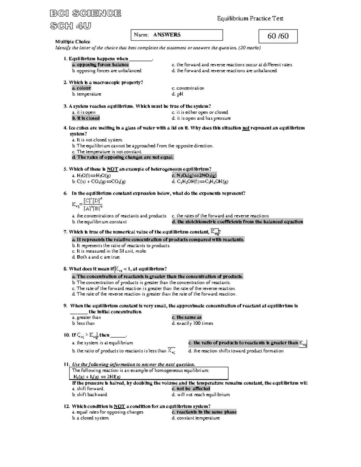 Equilibrium Practice Test 12: Answer Key and Explanations - Studocu