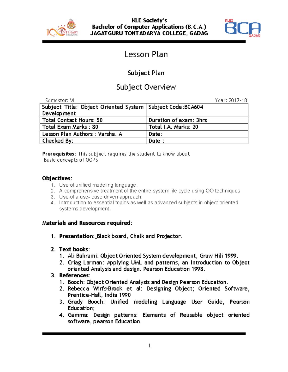 BCA604 Lesson Plan: Object Oriented System Development (OOSD) - Studocu