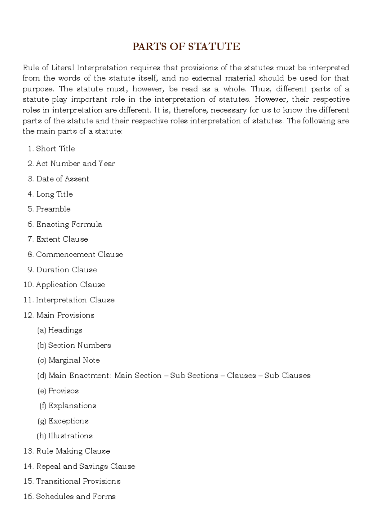 Detailed Analysis of Parts of a Statute - Law Study Notes - Studocu