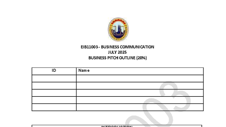 EIB11003 - Business Communication Pitch Outline Template - Studocu