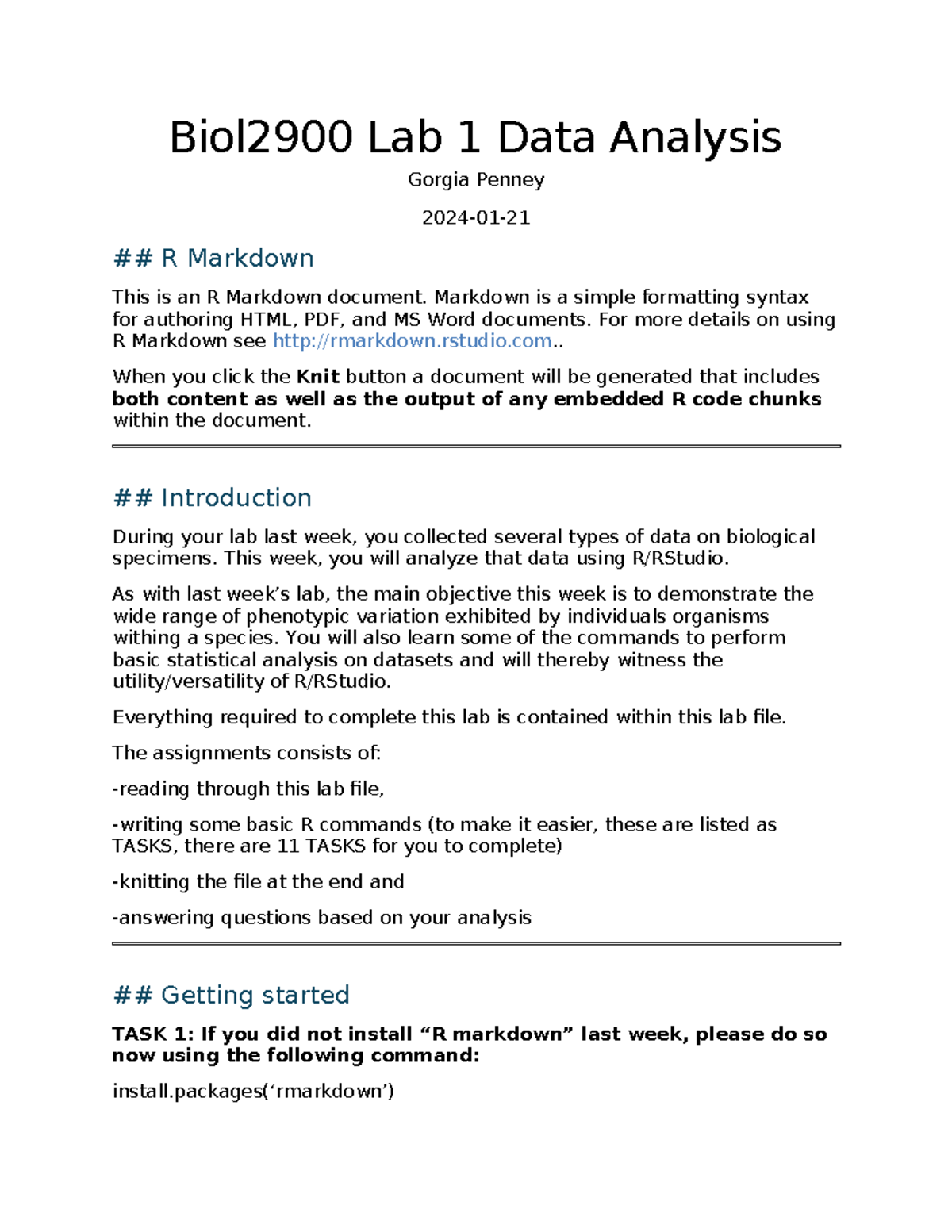 Biol2900 Lab1Data Analysis - Biol2900 Lab 1 Data Analysis Gorgia Penney ...