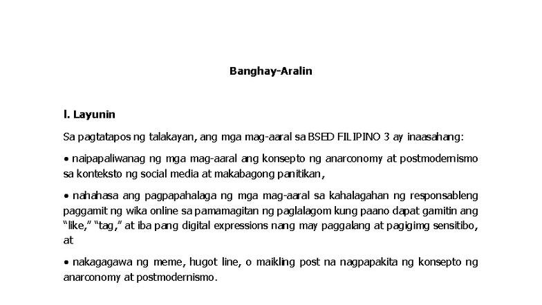 Banghay Aralin sa Kulturang Popular: Anarconomy at Postmodernismo BSED ...