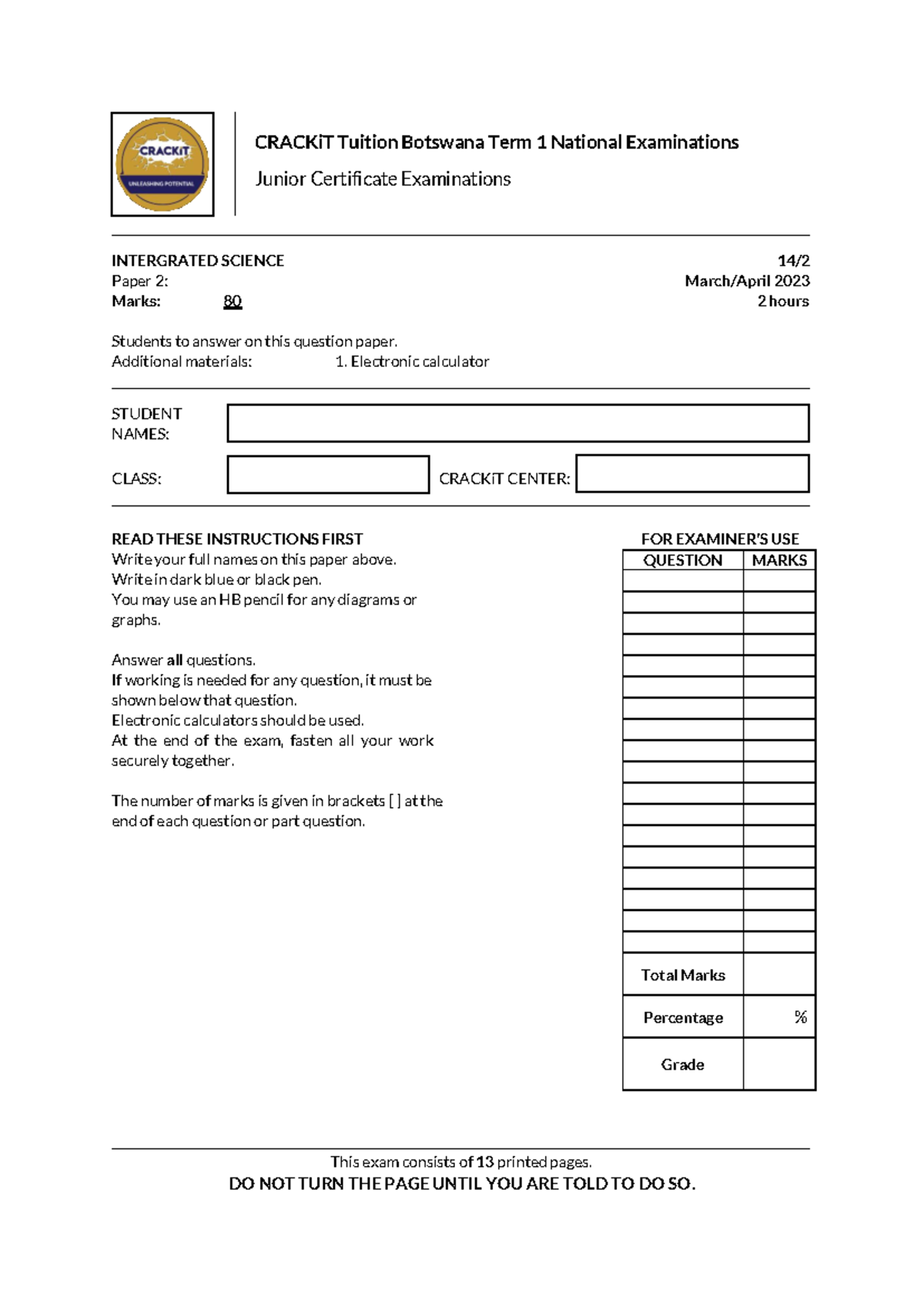 JCE Integrated Science Paper 2 Revision - March/April 2023 - Studocu
