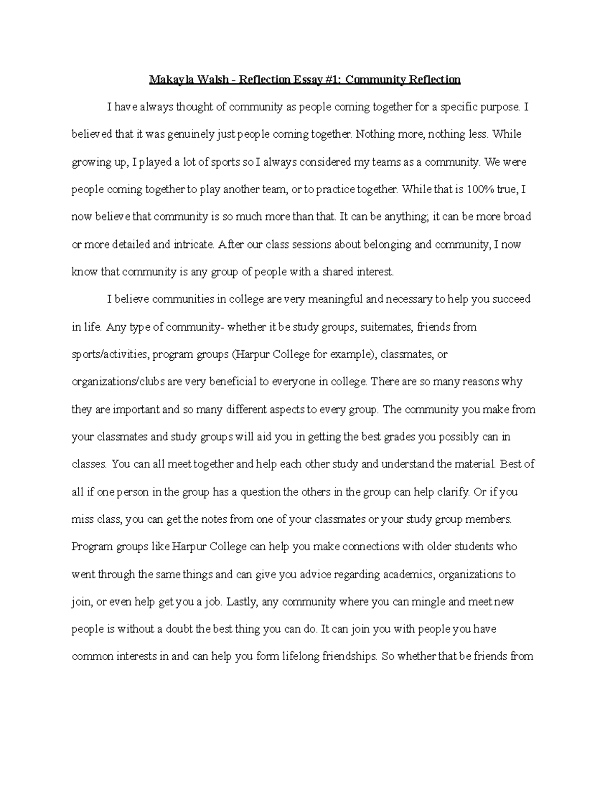 Reflection Essay #1: Understanding Community and Belonging - Studocu