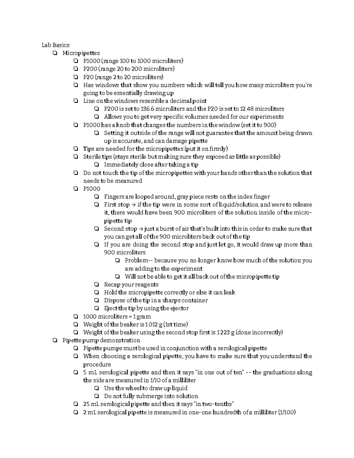 Lab Basics Notes - Lab Basics: Micropipettes P1000 (range 100 to 1000 ...