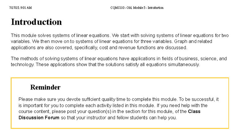 CQMS110 - Module 5: Introduction to Systems of Linear Equations - Studocu
