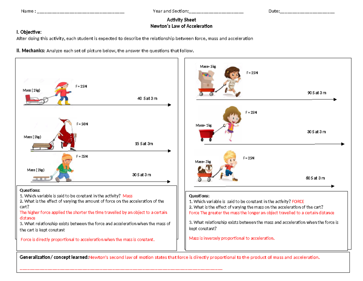 Activity Sheet on Newton's Law of Acceleration (Physics 101) - Studocu