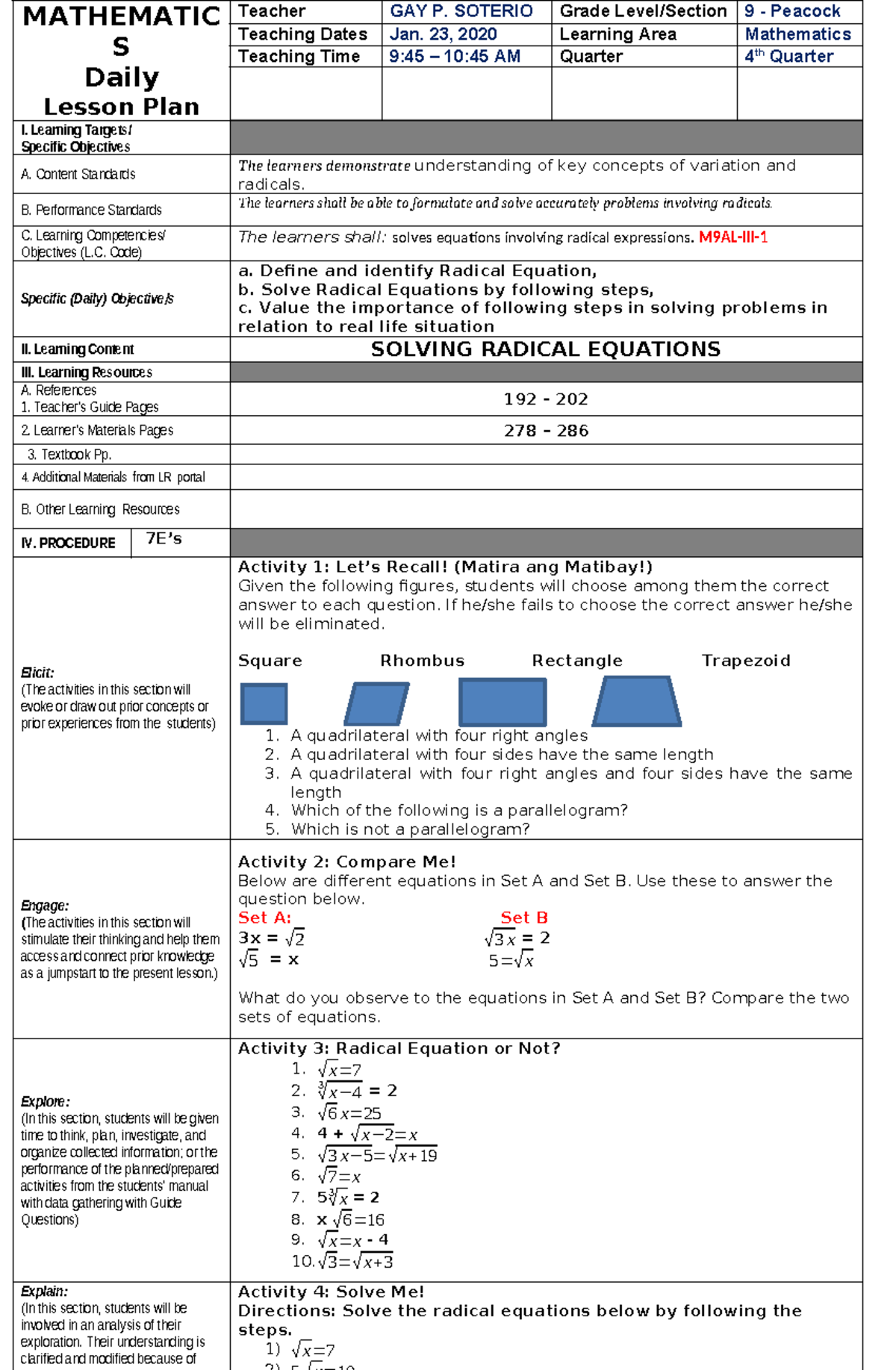 MATHEMATICS GRADE 9 QUARTER 1 LESSON PLAN: QUADRATIC EQUATIONS - Studocu