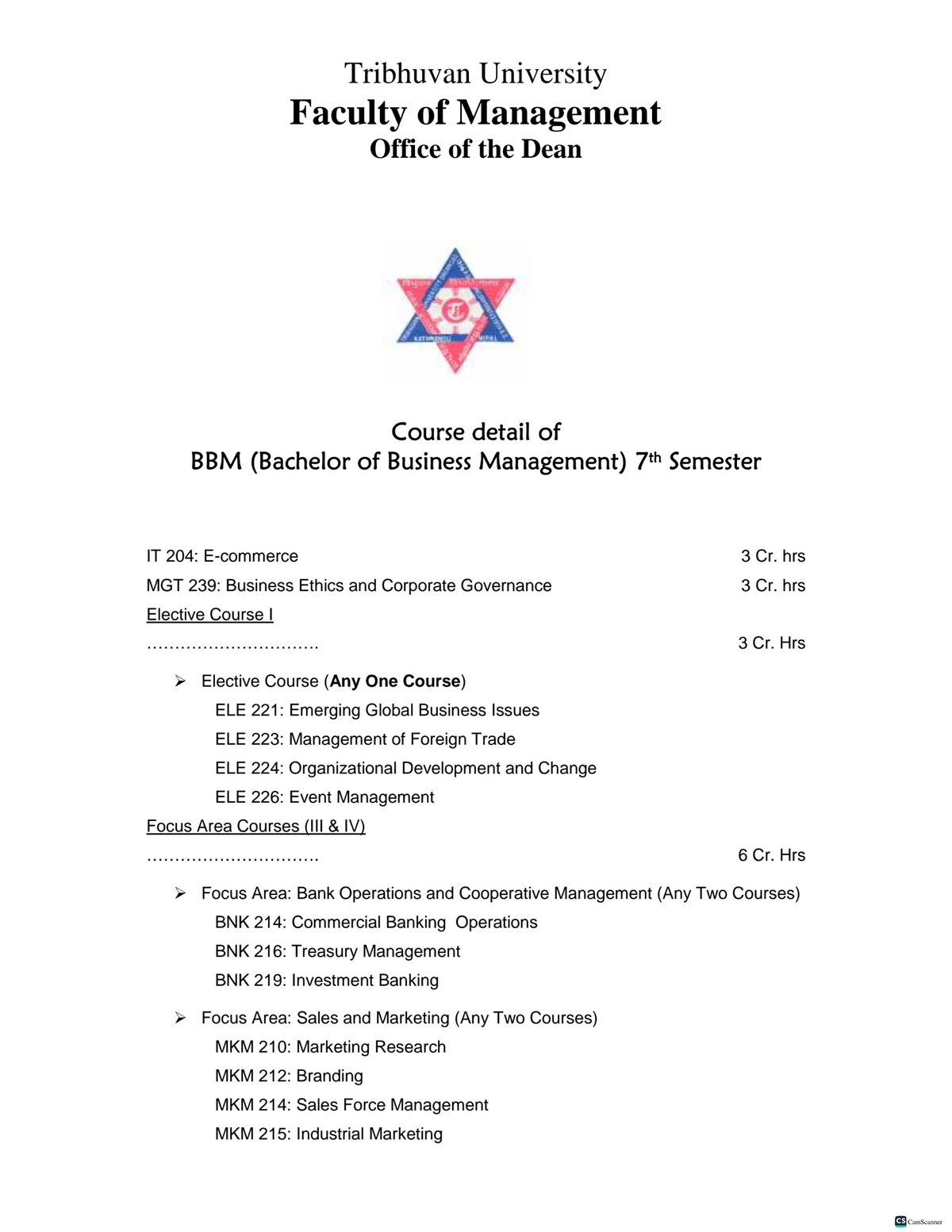 BBM 7th Semester Course Syllabus Overview for 2025 - Studocu