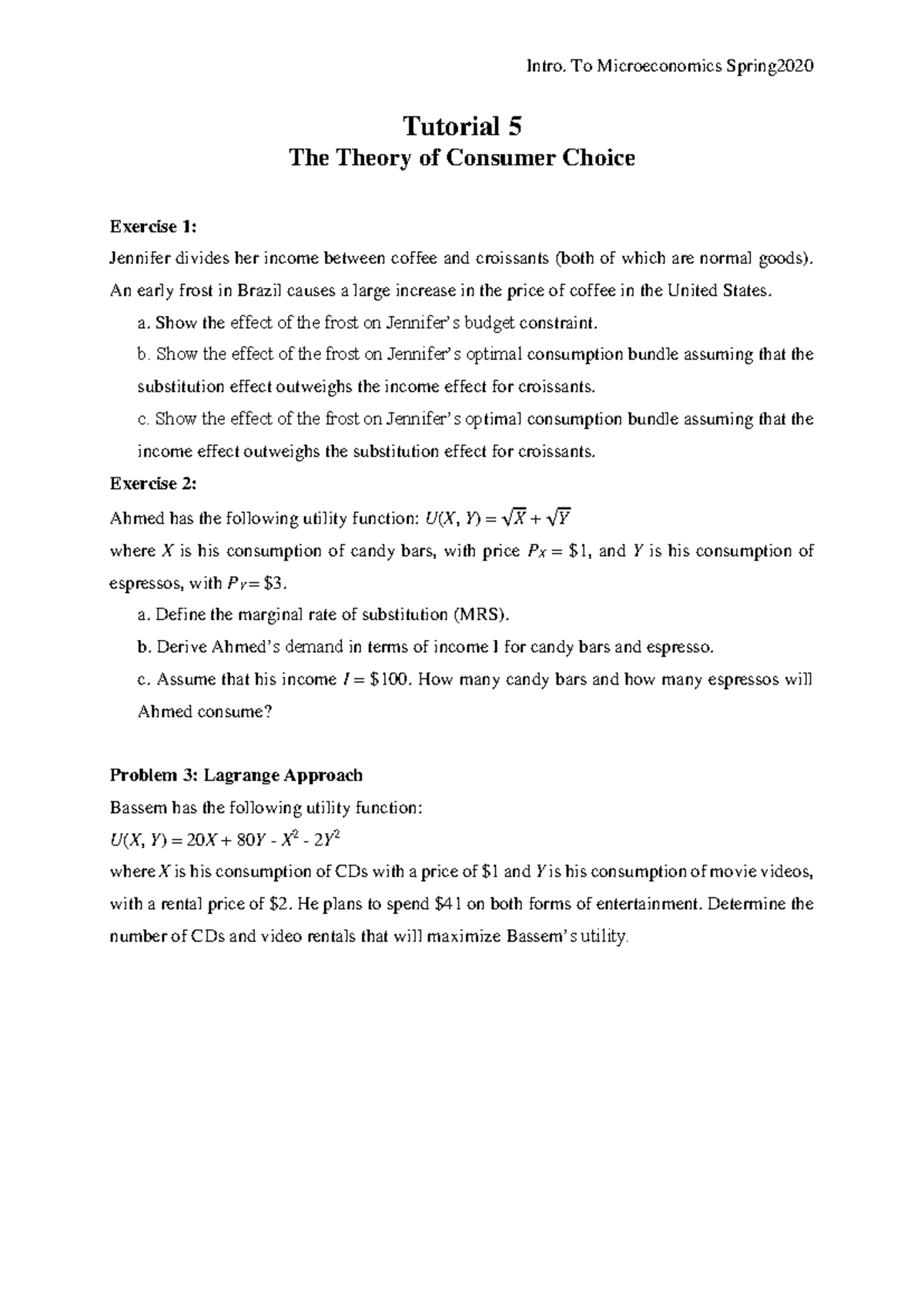 Microeconomics: Theory of Consumer Choice - Tutorial 5 Analysis - Studocu
