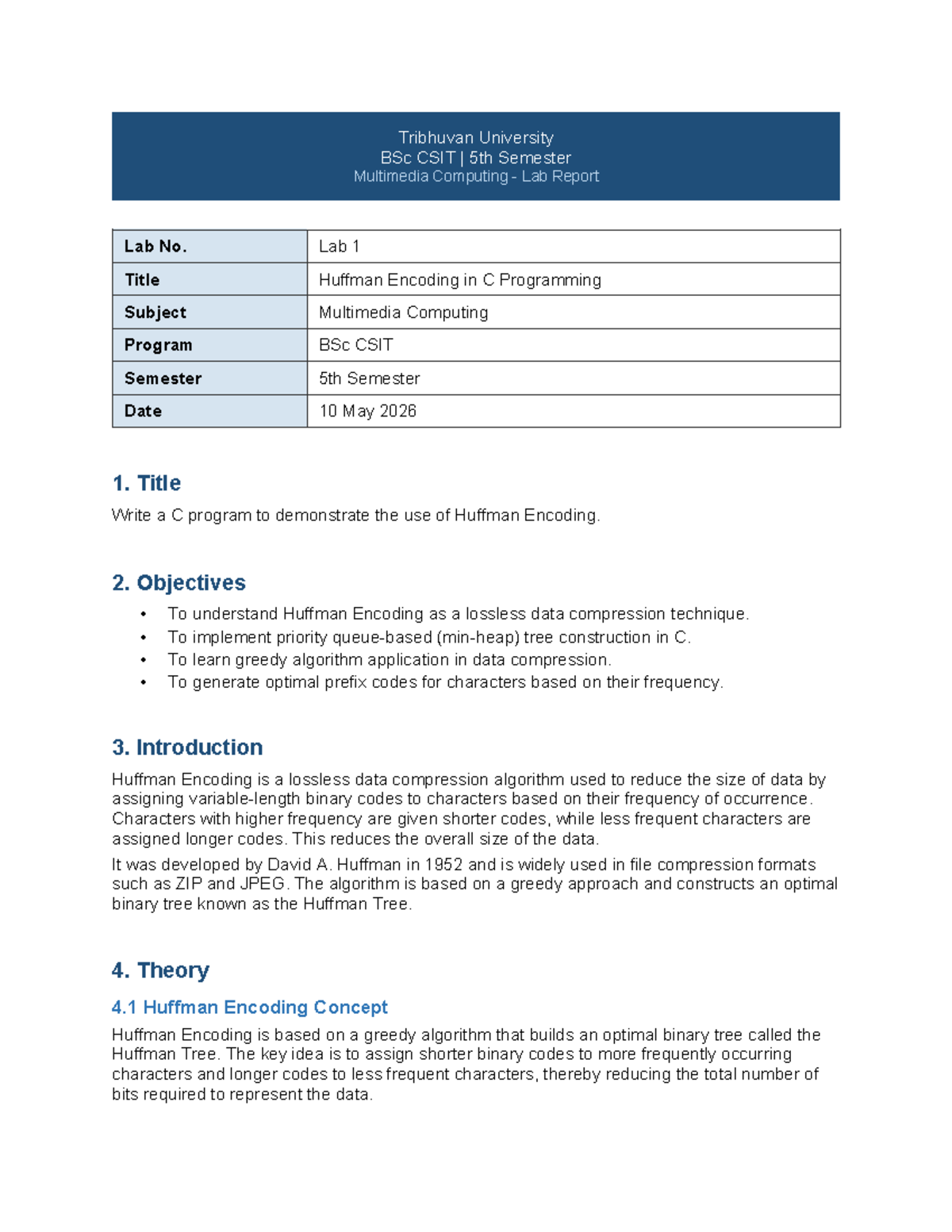 BSc CSIT 5th Sem Lab Report: Huffman Encoding in C Programming - Studocu
