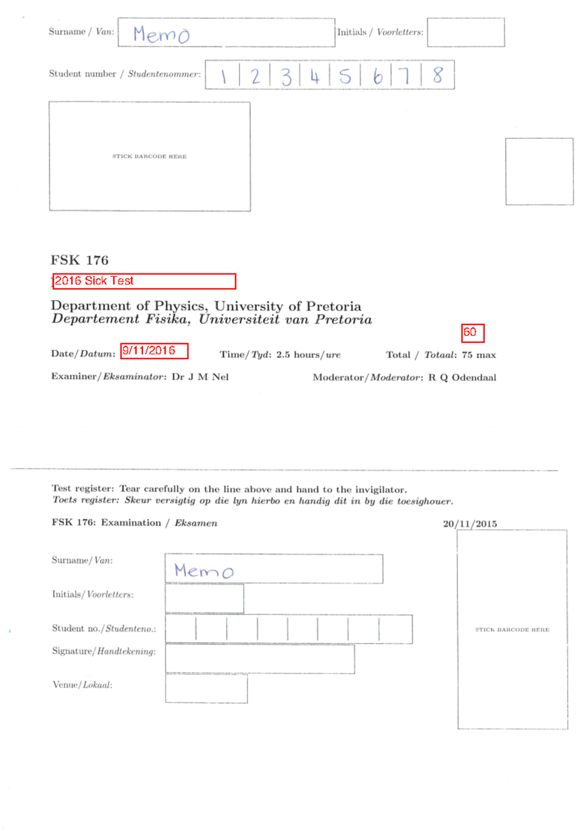 FSK176 2016 Sick Test Memo for Physics Exam Preparation - Studocu