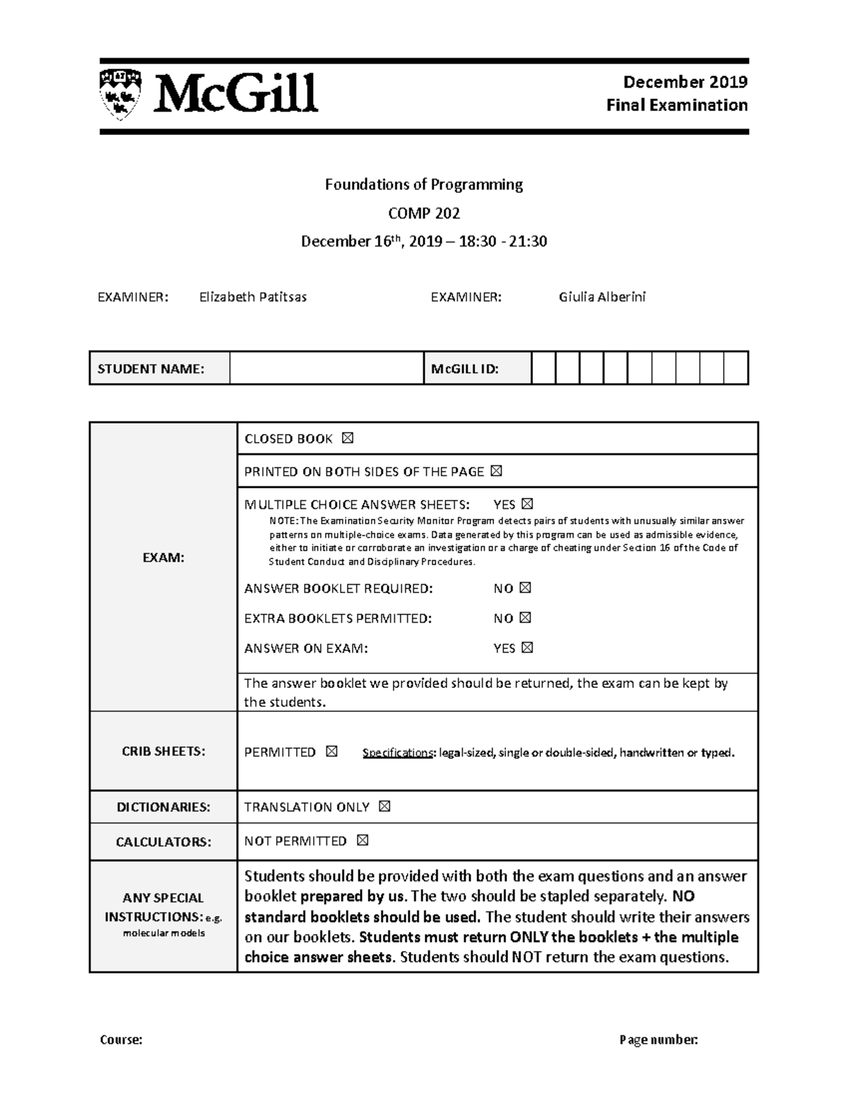 Final COMP-202 F2019 - Complete Final Exam Paper - Studocu
