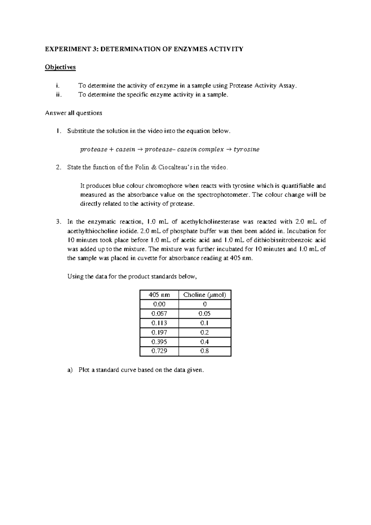 BIO462 LAB REPORT: Enzyme Activity Determination - Experiment 3 - Studocu