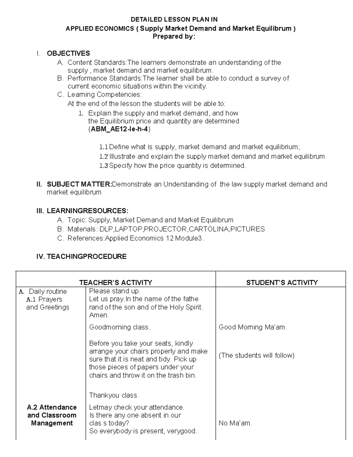 DLP in Applied Economics: Supply, Demand, and Equilibrium Lesson - Studocu