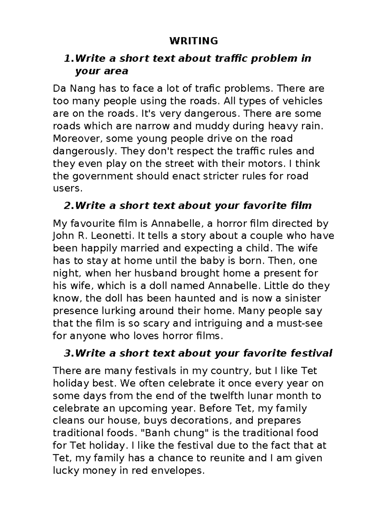 Writing - WRITING 1 a short text about traffic problem in your area Da ...