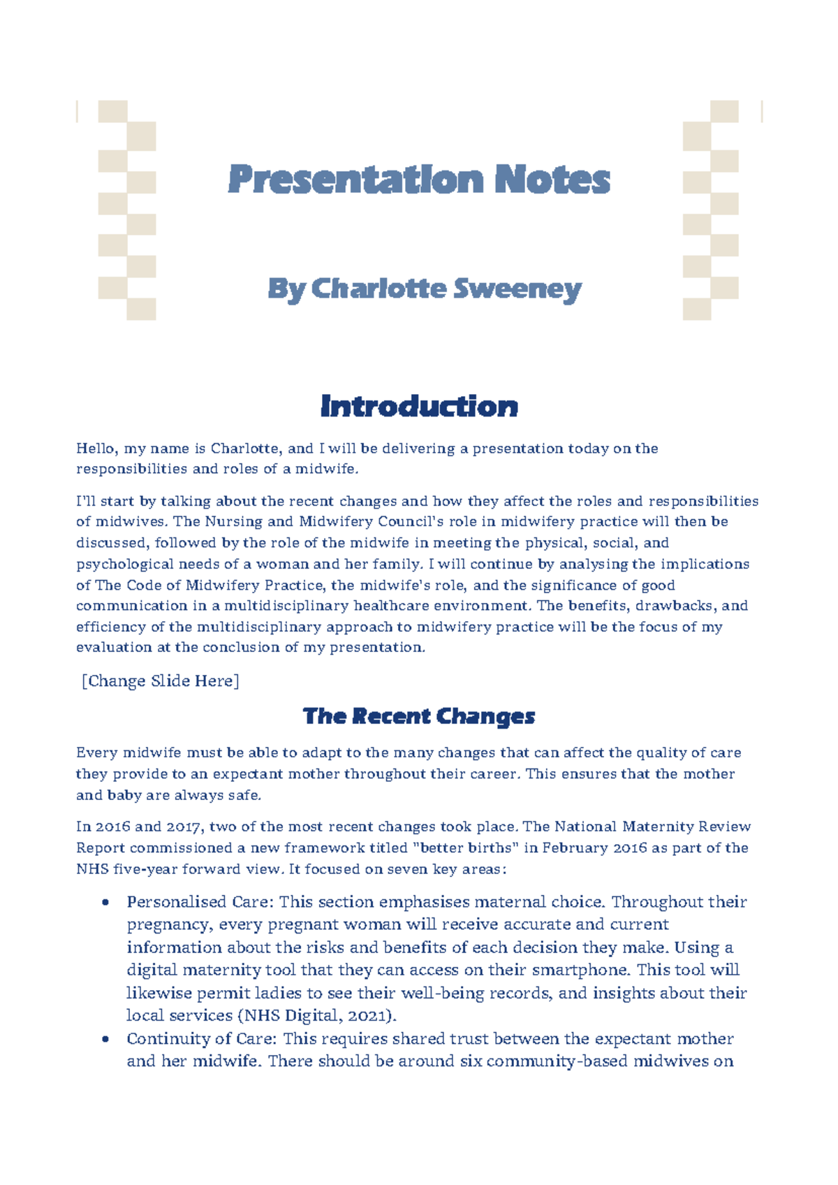 Presentation Notes on Midwifery Roles and Responsibilities (NURS 101 ...