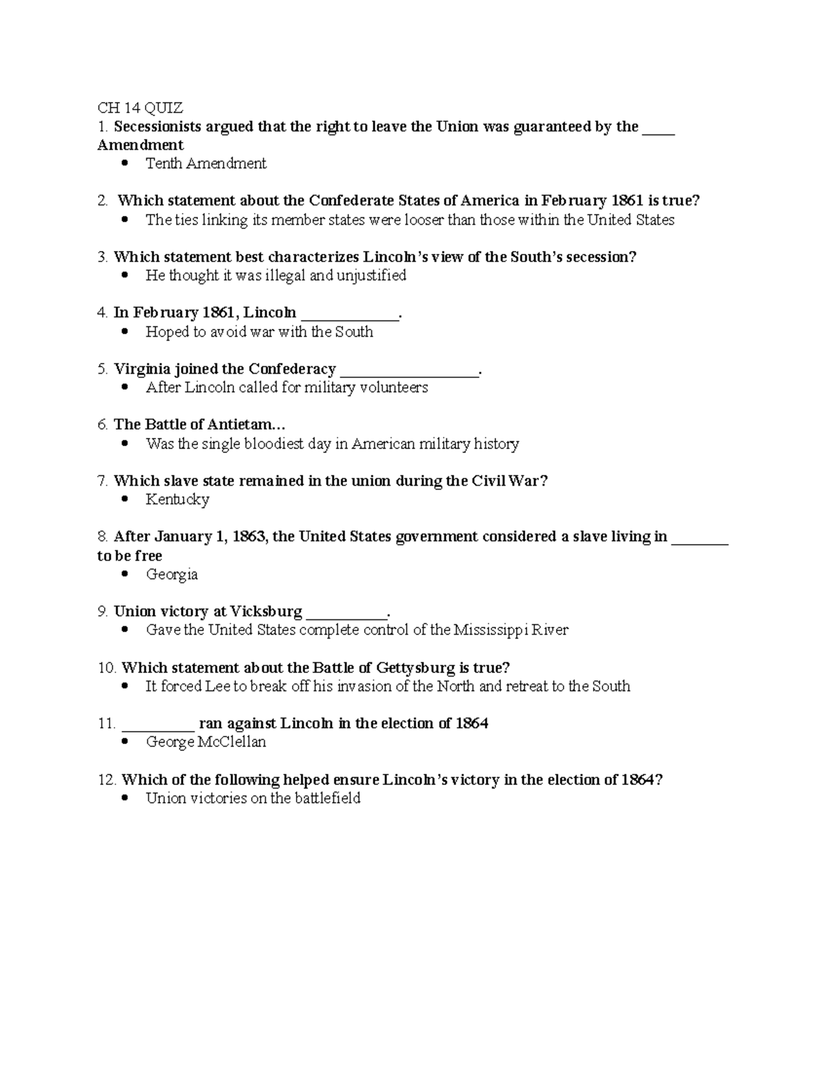 CH 14 QUIZ - Questions and Answers on the Civil War Topics - Studocu