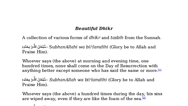 Dhikr and Tasbih: A Collection from the Sunnah - Studocu