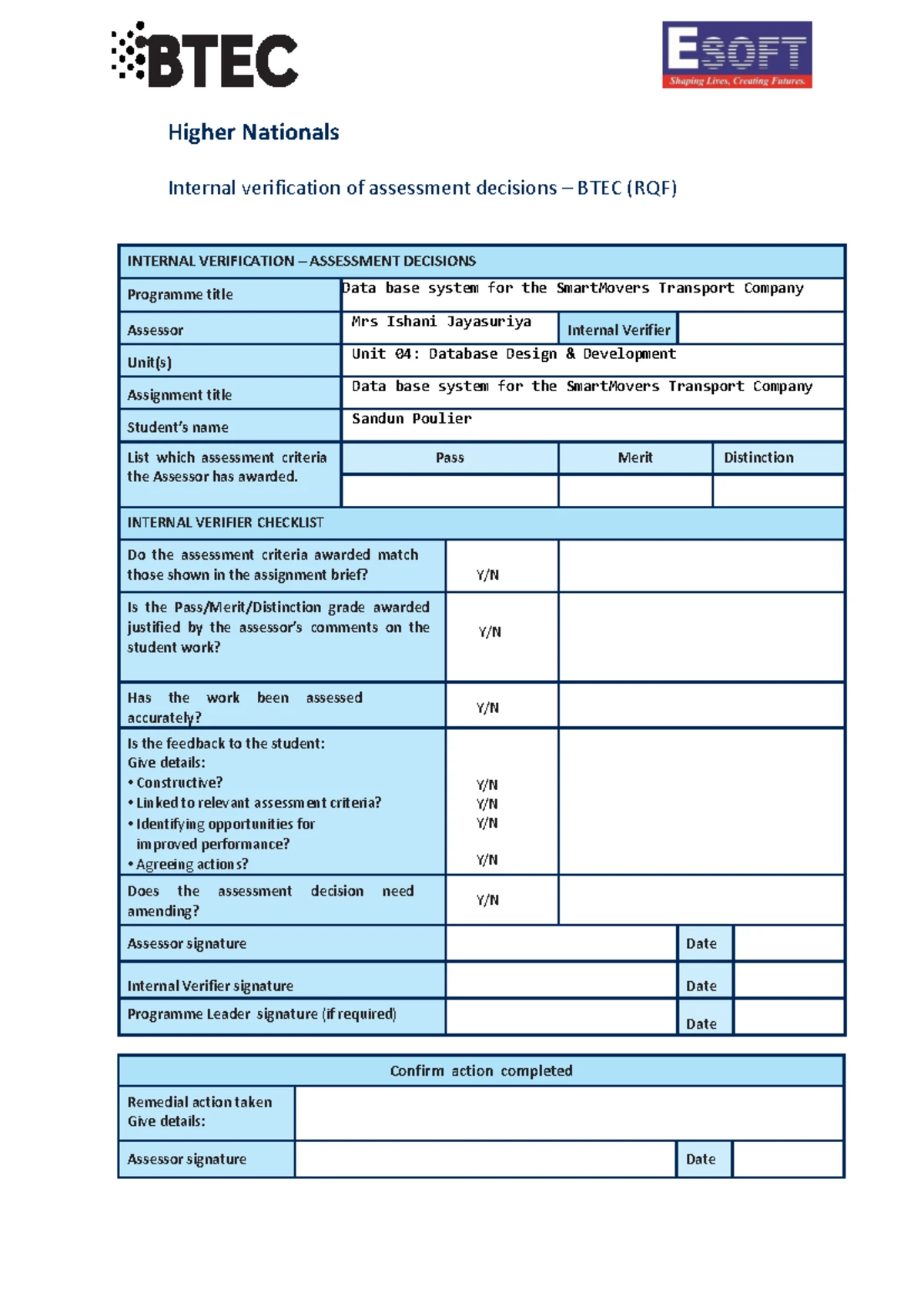 BTEC HND Unit 04: Database Design Development Summative Feedback Form - Studocu