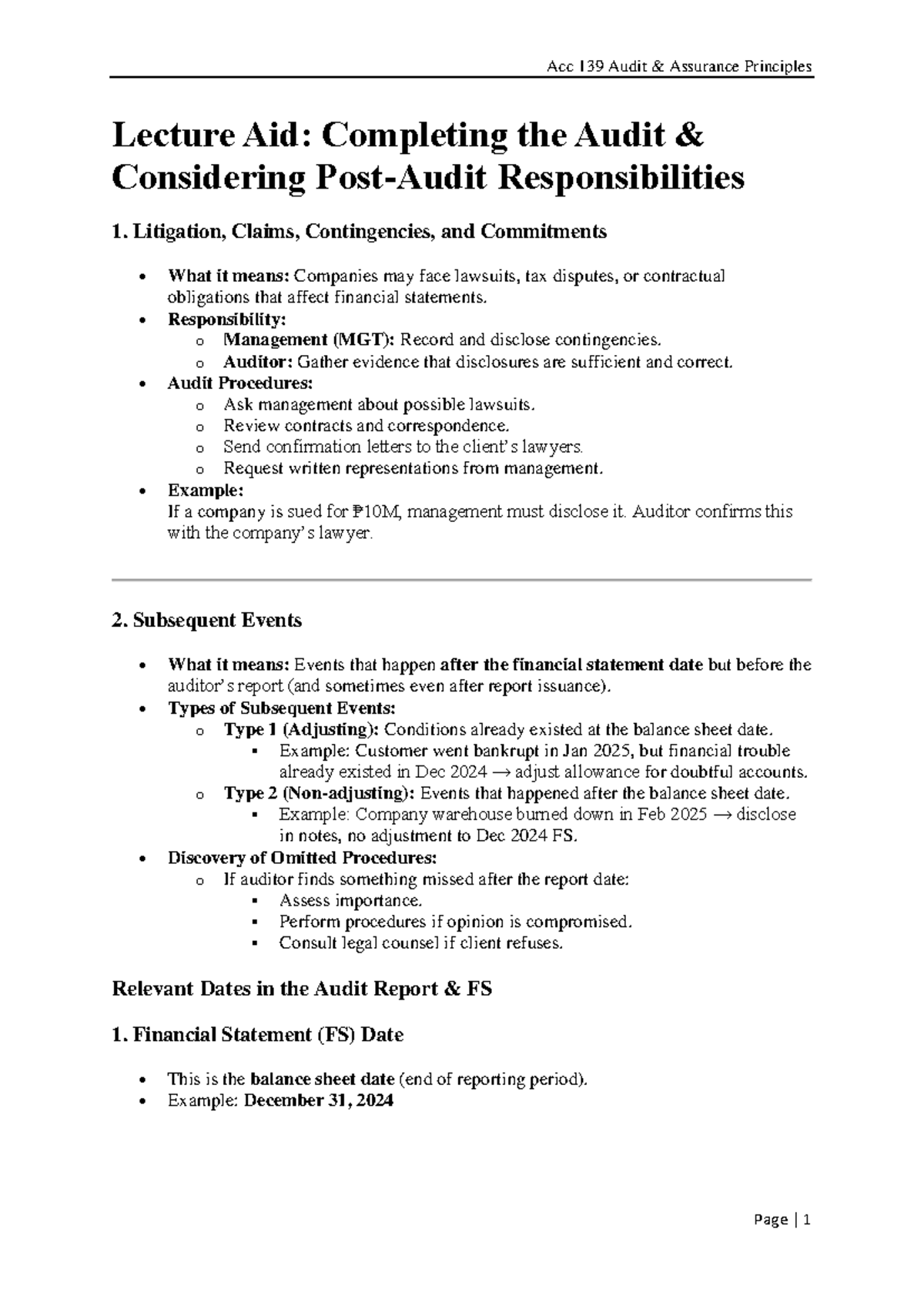 Acc 139 Audit Assurance Principles Lecture Aid: Post-Audit Responsibilities - Studocu
