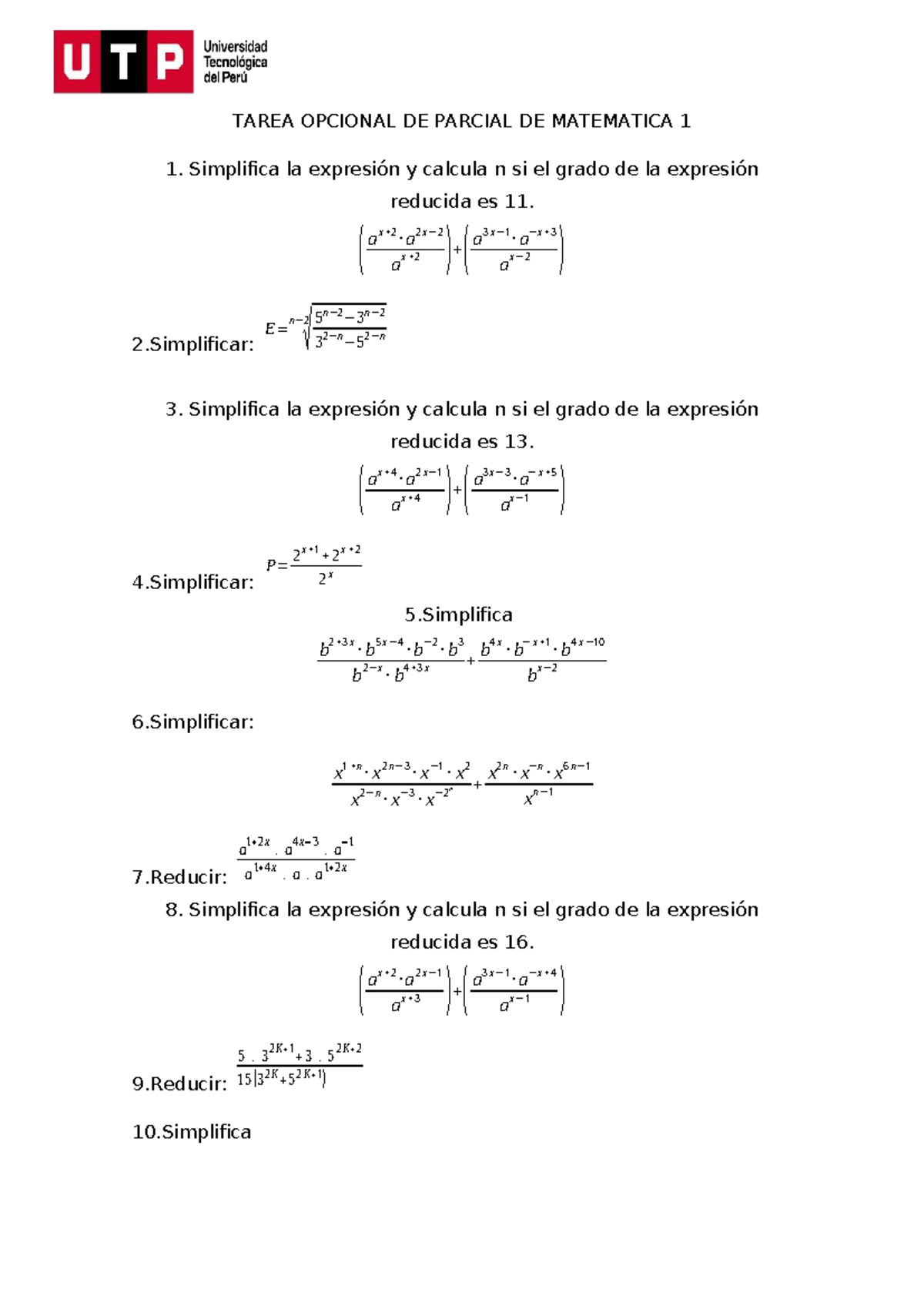 Tarea Opcional de Parcial de Matemática 1: Simplificación y Cálculos ...