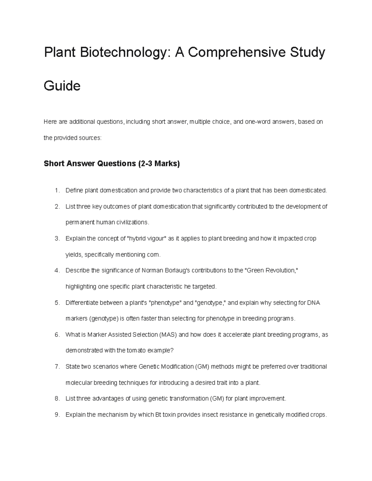 Plant Biotechnology (BIO 101): Practice Questions & Answers Guide - Studocu