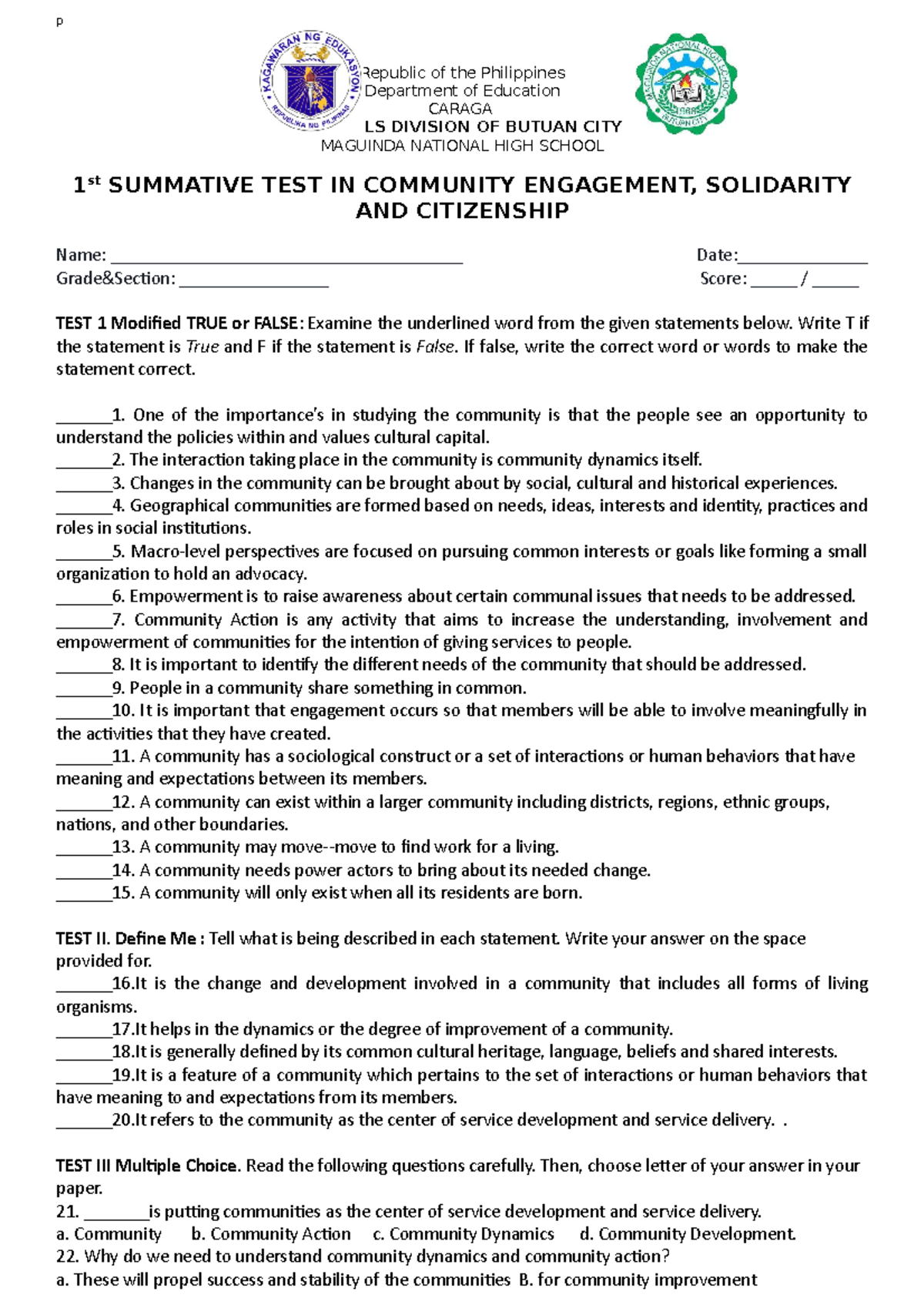 1st Summative Test: Community Engagement, Solidarity & Citizenship ...