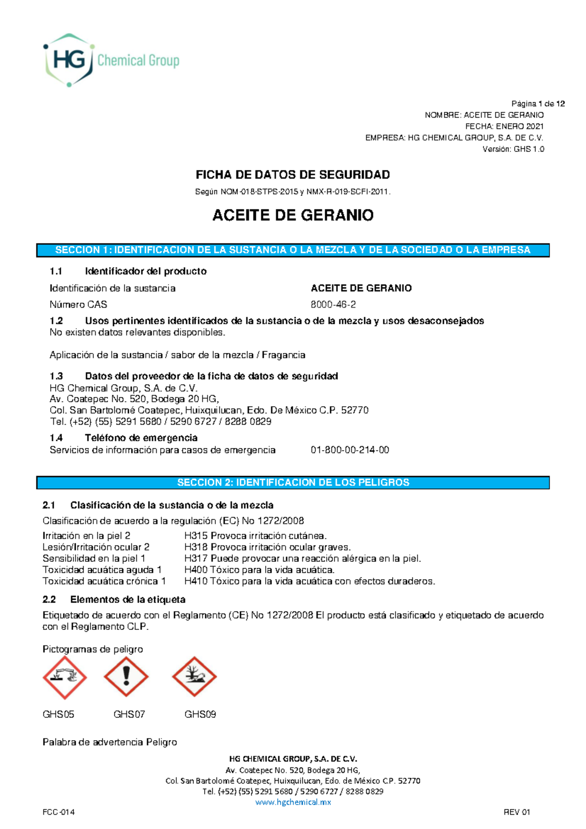 HDS ACEITE DE GERANIO GHS - Ficha de Datos de Seguridad - Studocu