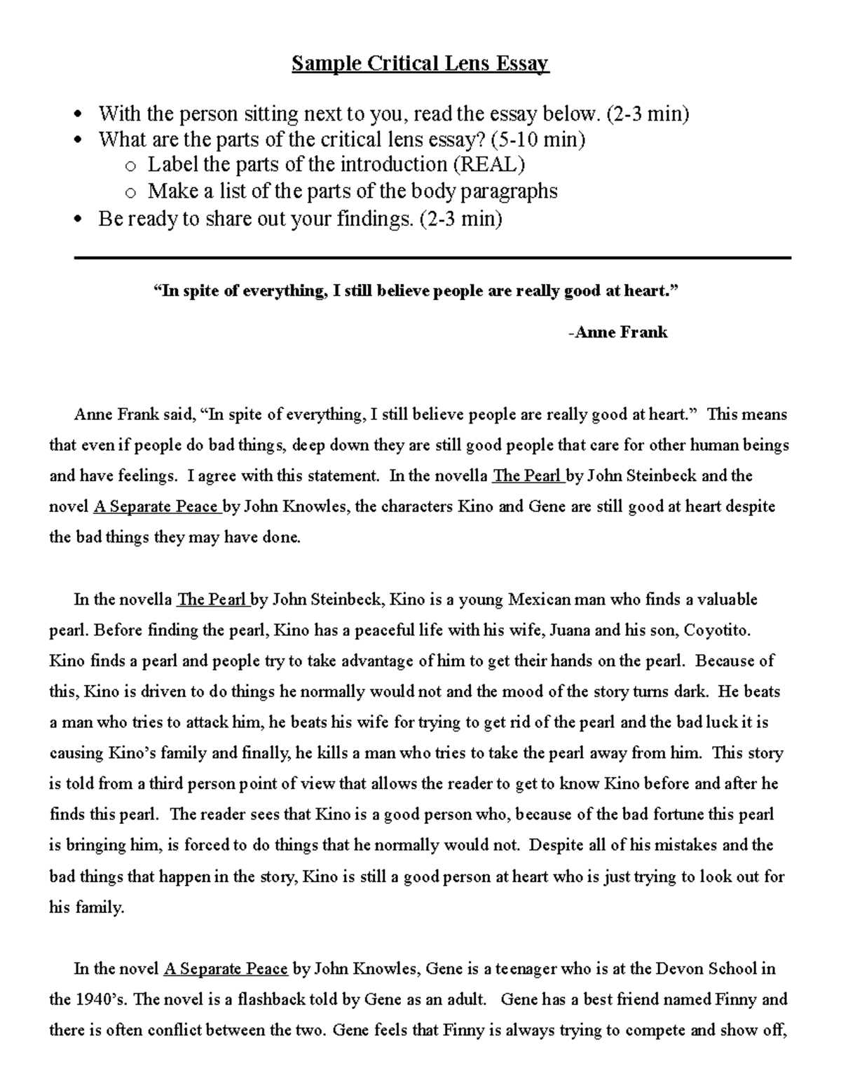 Sample critical lens essay - Sample Critical Lens Essay With the person ...
