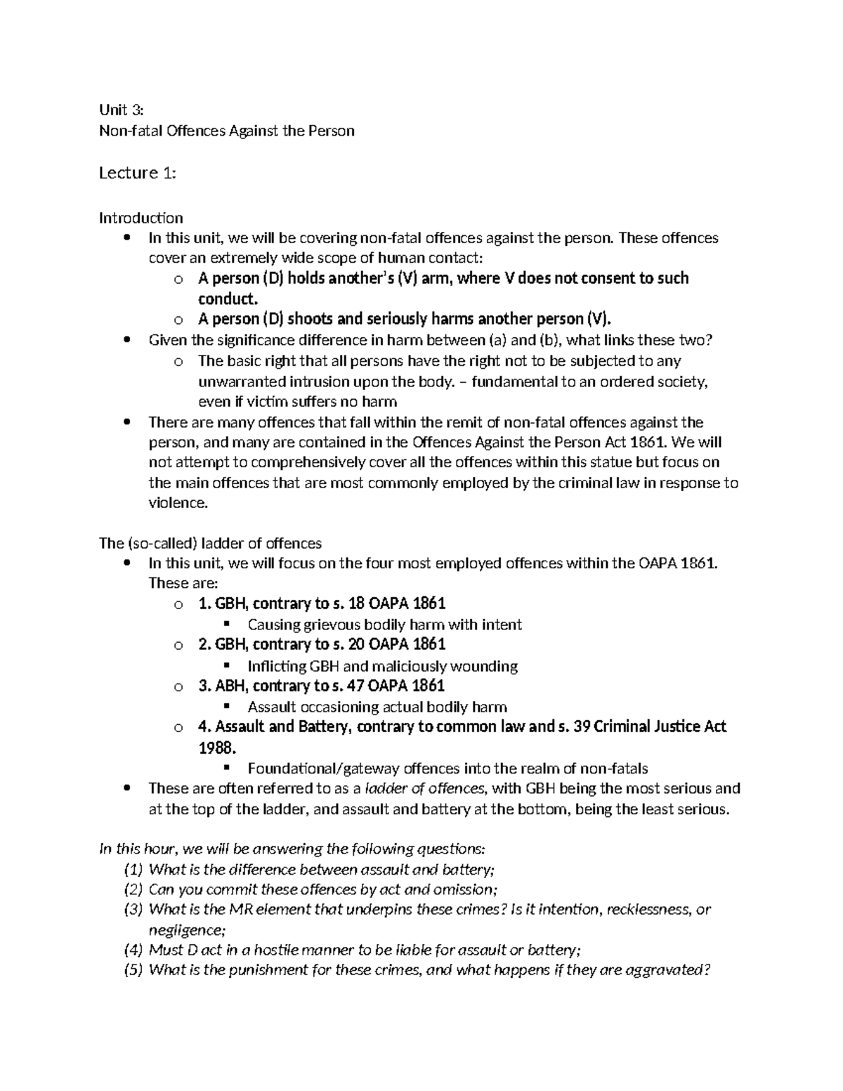 Unit 3 Lecture Notes: Non-Fatal Offences Against the Person - Studocu
