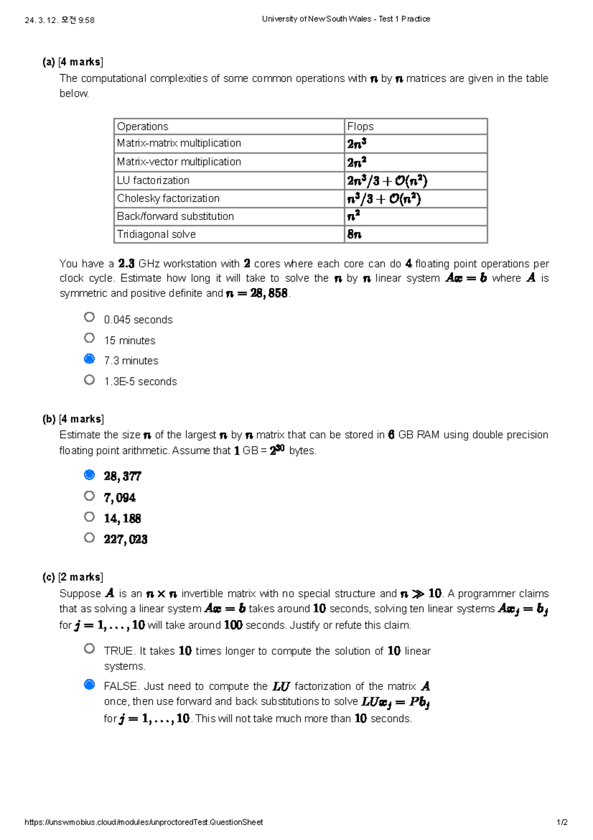 math2089 stat lab test - (a) [4 marks] The computational complexities ...