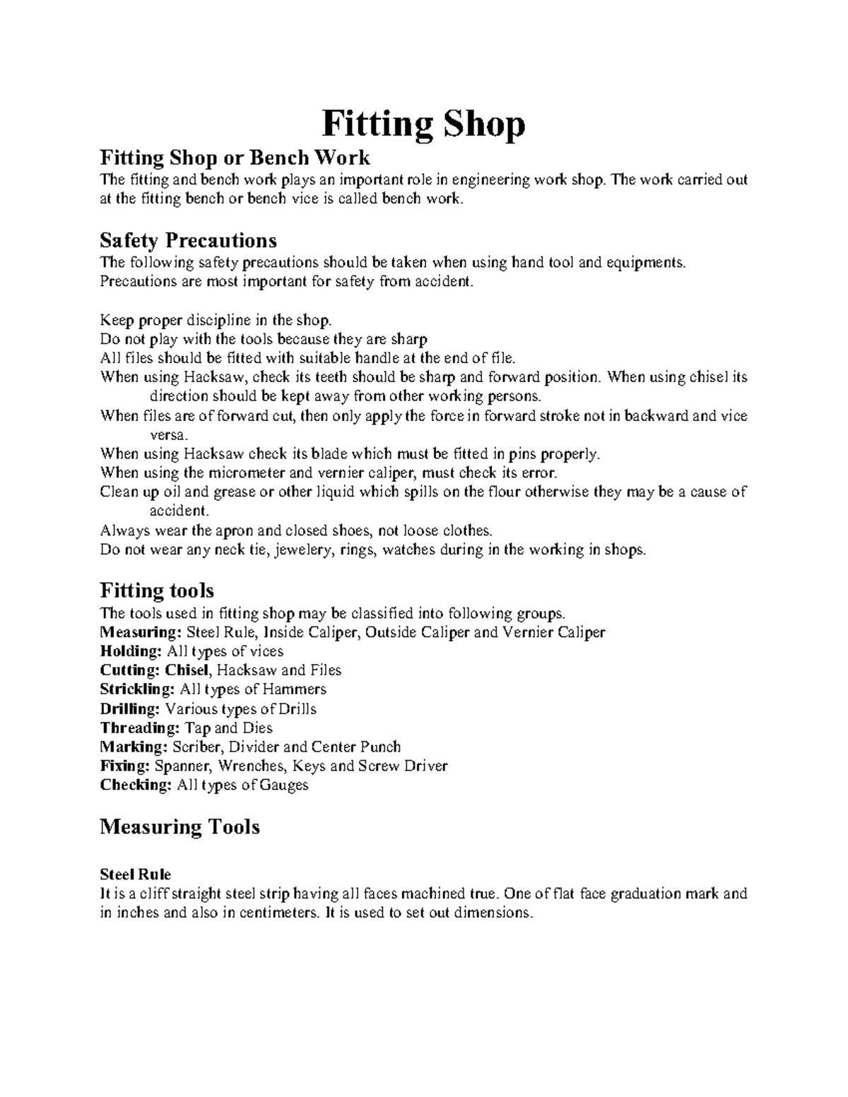 Fitting Shop Tools: Safety, Types, and Usage in Engineering Work - Studocu