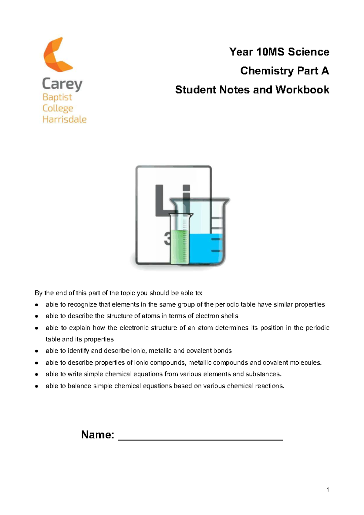 Year 10MS Science: Chemistry Part A - Student Notes & Workbook - Studocu