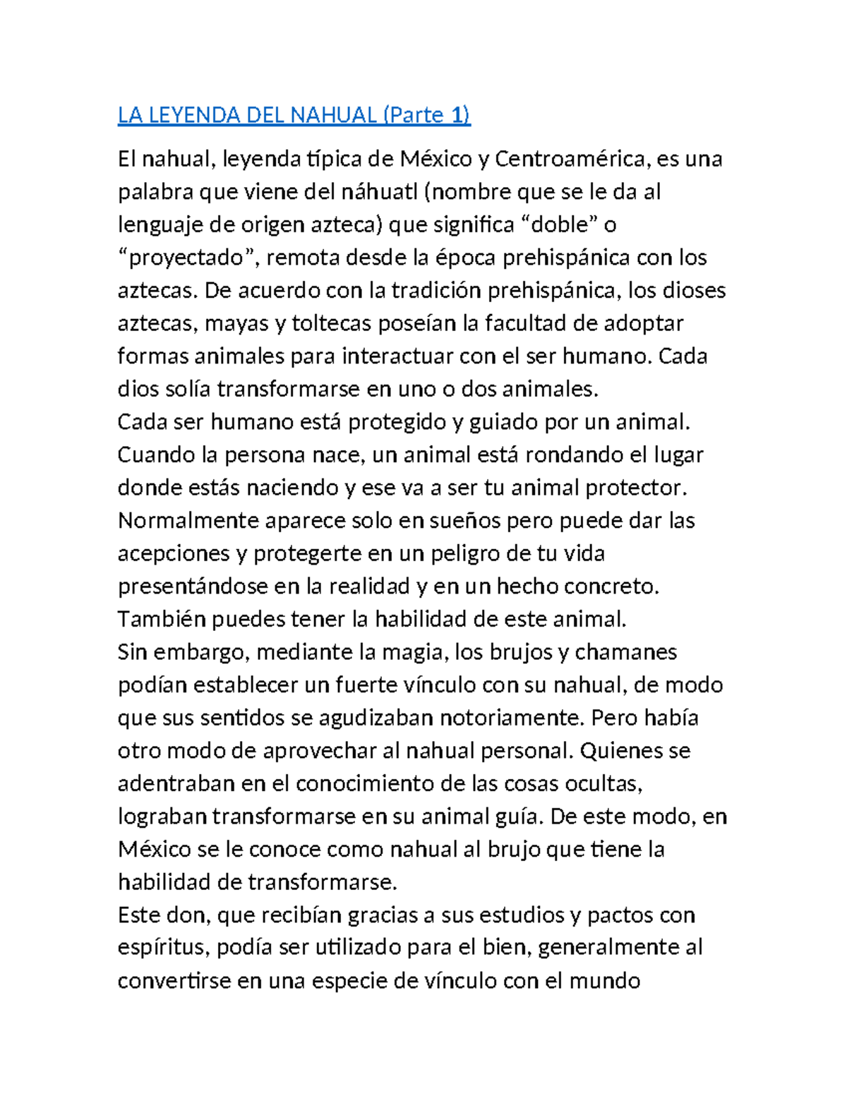LA Leyenda del Nahual: Orígenes y Significado Cultural - Studocu