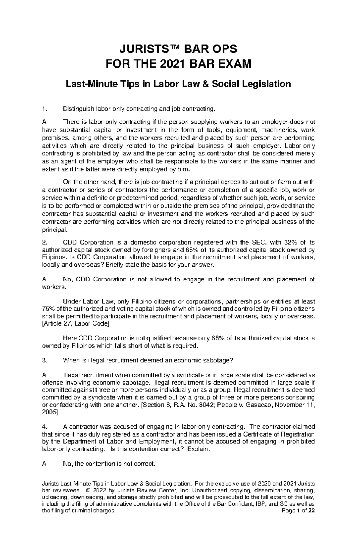 Last-Minute Labor Law Tips for Jurists Bar Review (2021) - Studocu