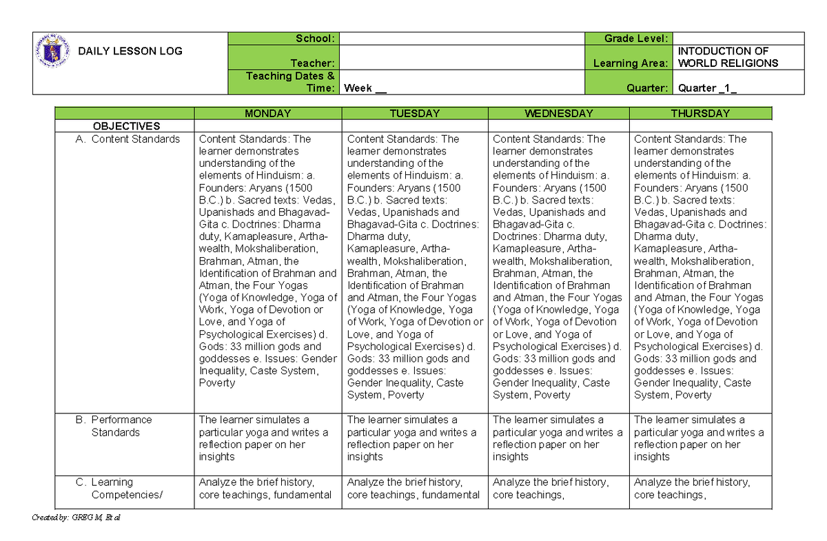 Introduction to World Religions: Hinduism Q1 Lesson Log - Studocu