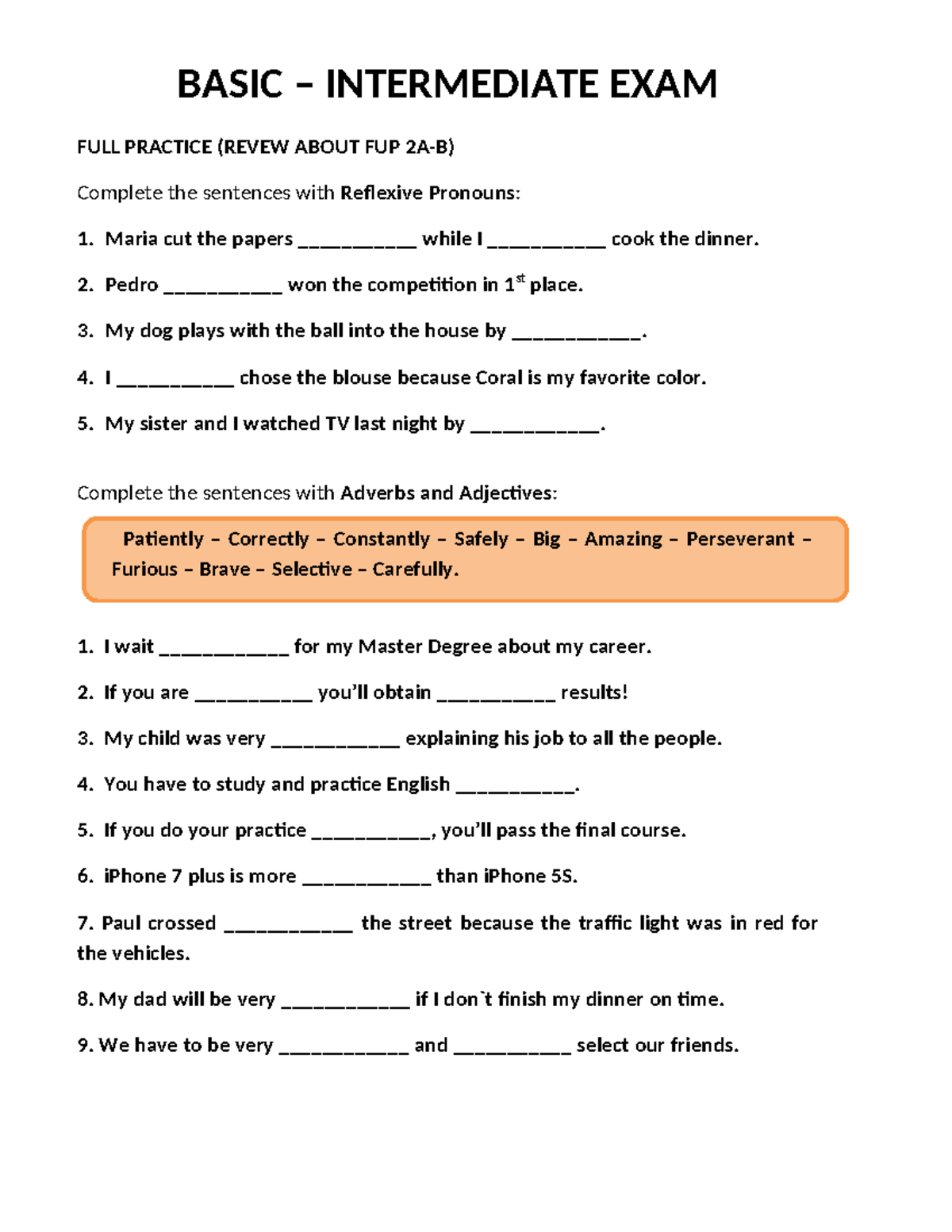 BASIC INTERMEDIATE EXAM FULL PRACTICE REVIEW & REFLEXIVE PRONOUNS - Studocu