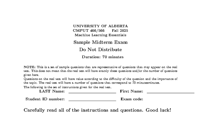 UNIVERSITY OF ALBERTA CMPUT Fall 2025 Machine Learning Sample Midterm Exam - Studocu