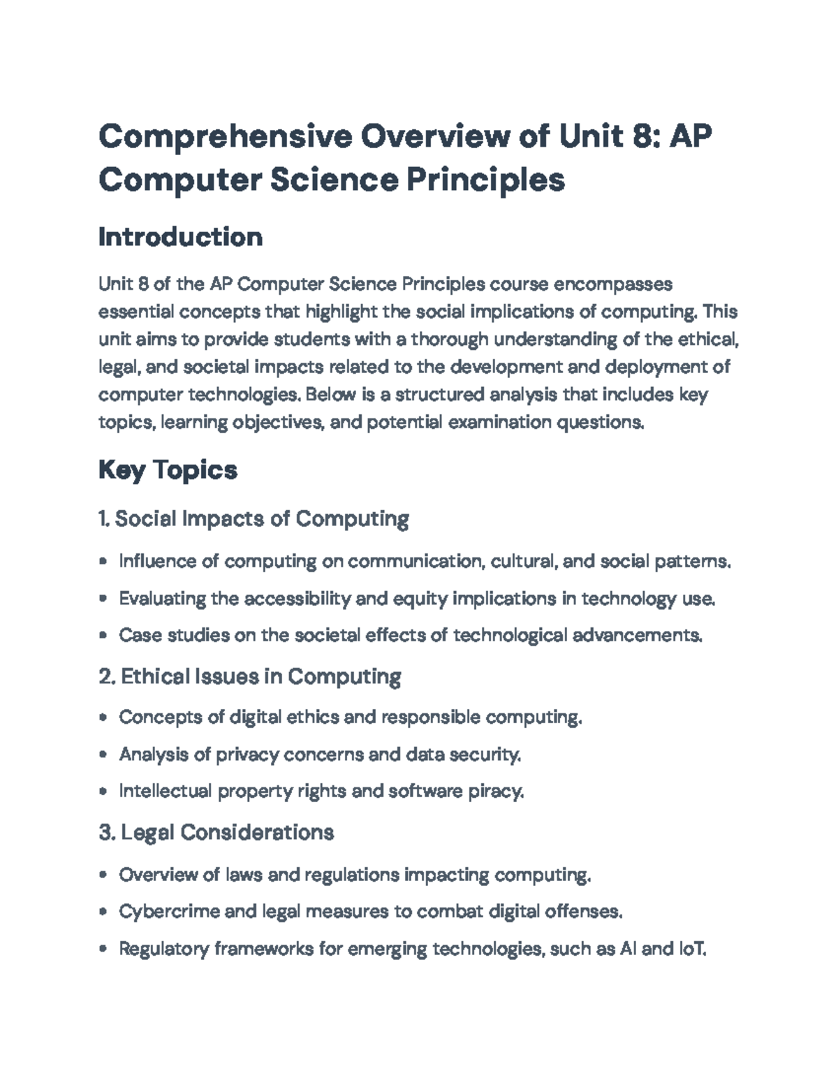 Unit 8 Overview: Social, Ethical, and Legal Impacts in AP Comp Sci Principles - Studocu