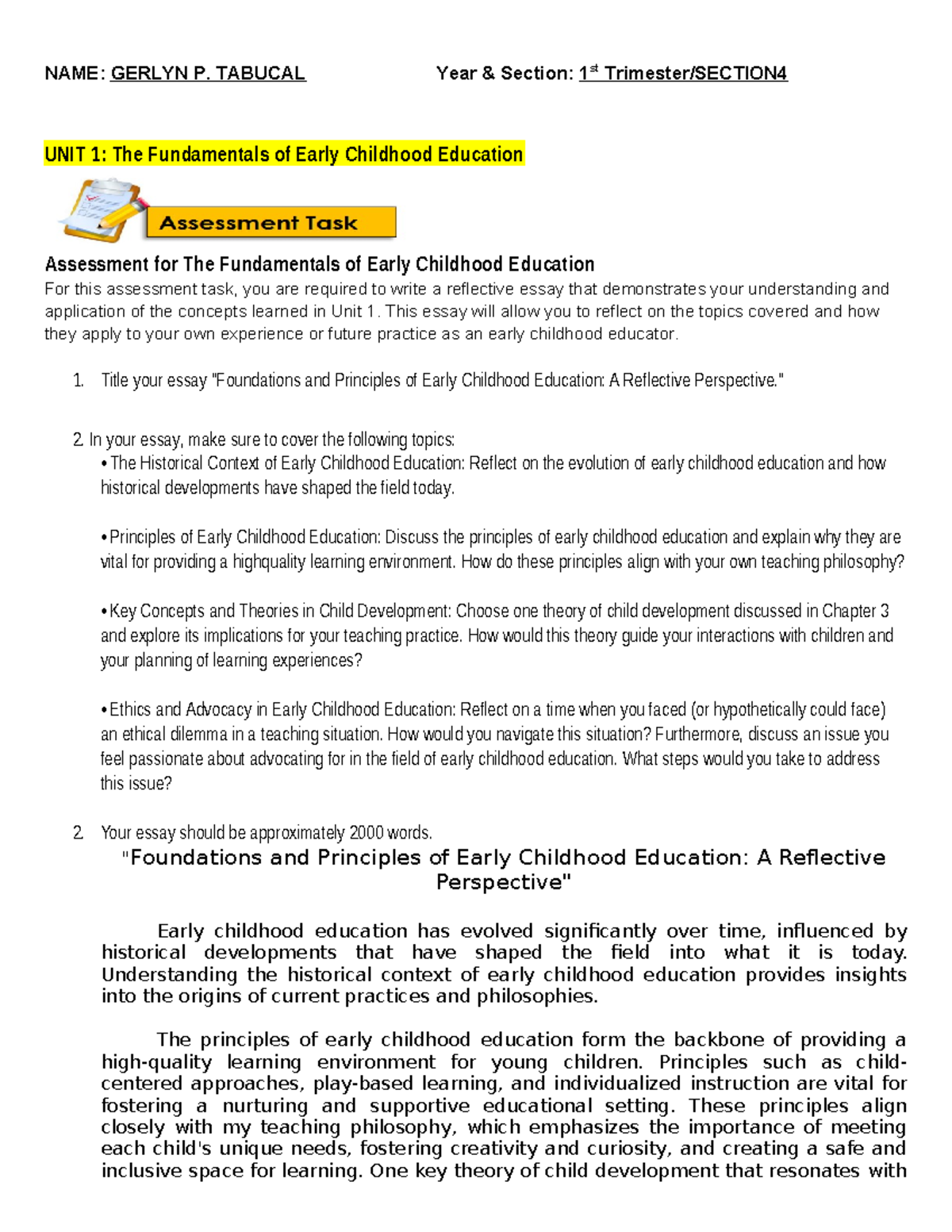 UNIT 1 Assessment: Reflective Essay on Early Childhood Education ...