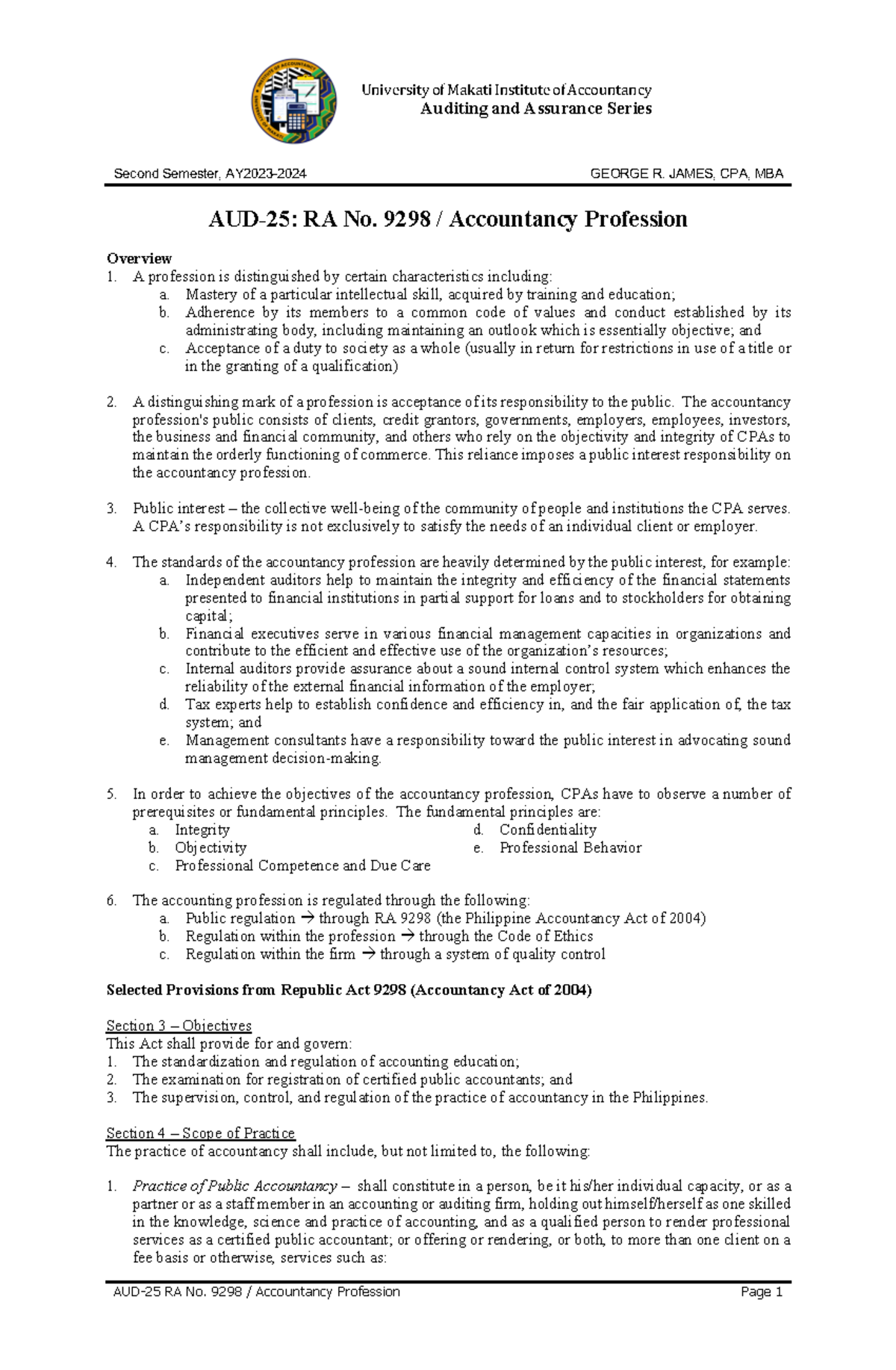 AUD-25 RA No. 9298: Overview of the Accountancy Profession Principles ...