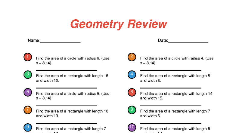 Geometry Review 1-20: Area of Circles & Rectangles - Studocu