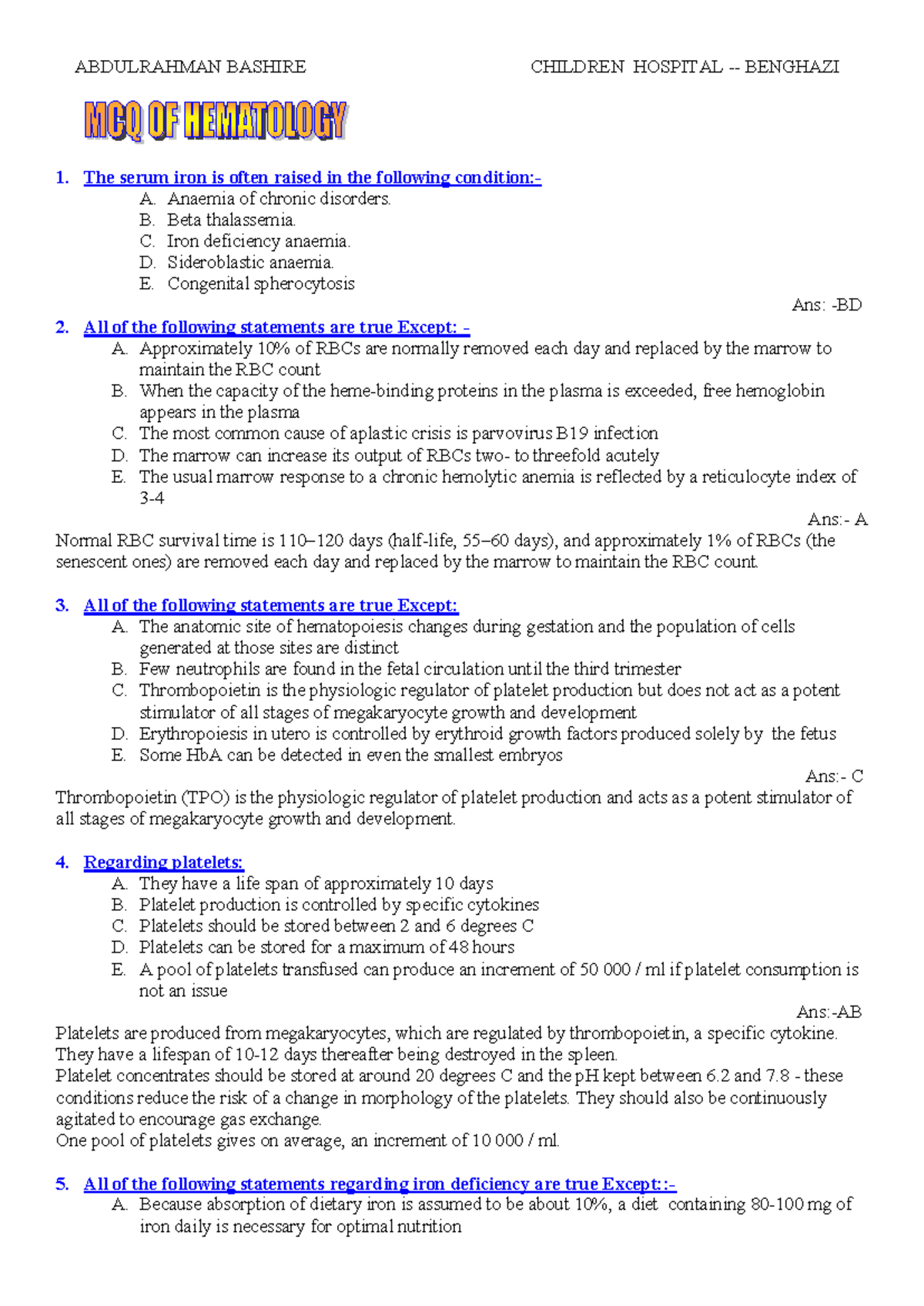 MCQ of Hematology (Course Code: ABDULRAHMAN BASHIRE) - Children ...