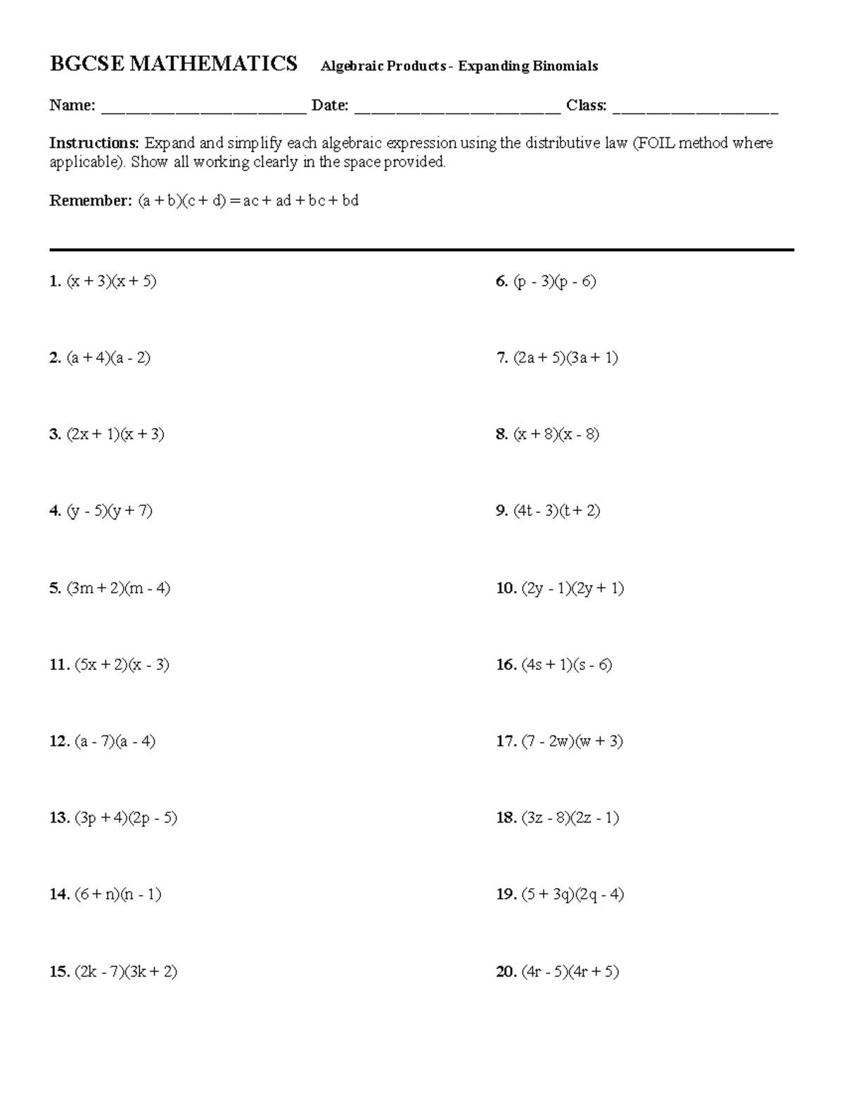 BGCSE MATHEMATICS: Expanding Binomials (FOIL Method) - Studocu