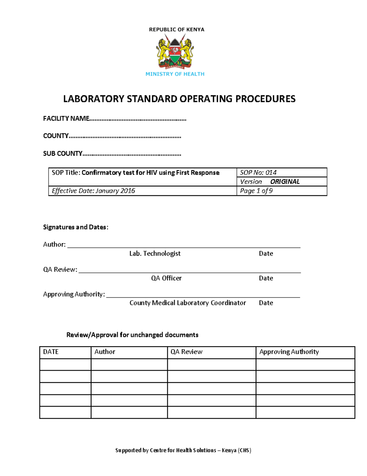 Confirmatory test for HIV using First Response - LABORATORY STANDARD ...