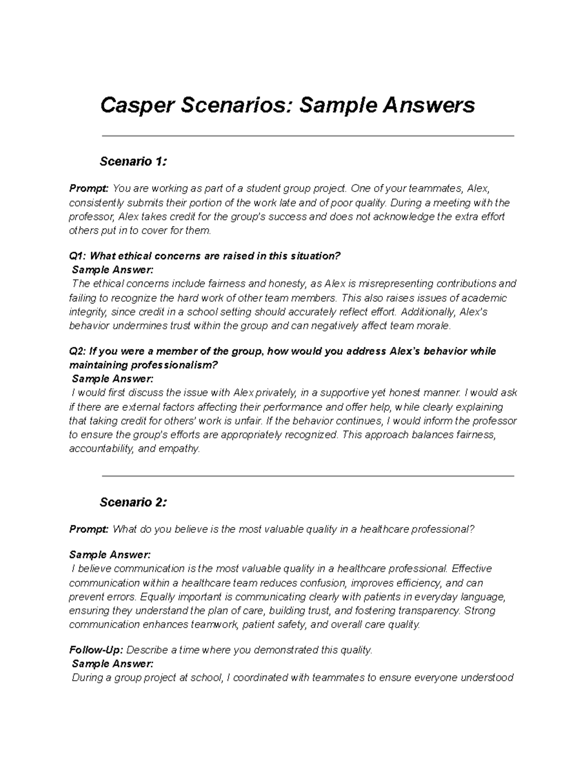 Casper Scenarios: Sample Answers for Ethical Dilemmas in Healthcare ...